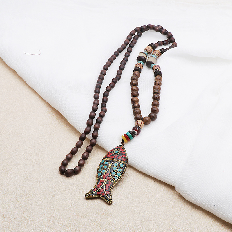 Handmade Nepal Buddhist Mala Wood Beaded Necklace Fish Pendant Long ...